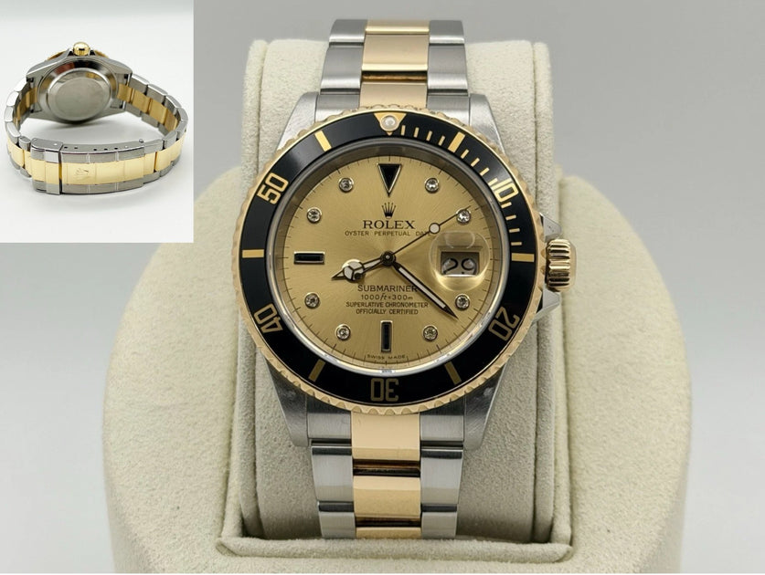 Rolex Submariner 16613 Champagne Serti Diamond Sapphire Dial 18K Gold