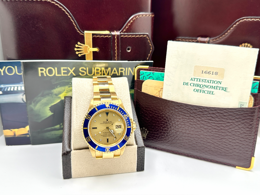 Rolex Submariner 16618 18K Yellow Gold Champagne Serti Diamond Dial Bo