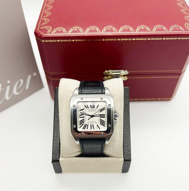Cartier Ref 2878 Santos 100 Midsize Stainless Steel Leather Strap Box